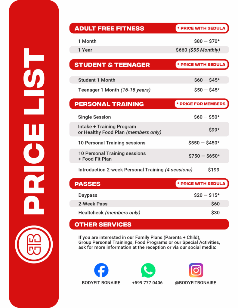 Pricing and Services - Body Fit Bonaire